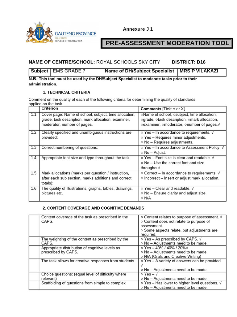 j1 Pre Moderation Ems GR 7 June Exam | PDF