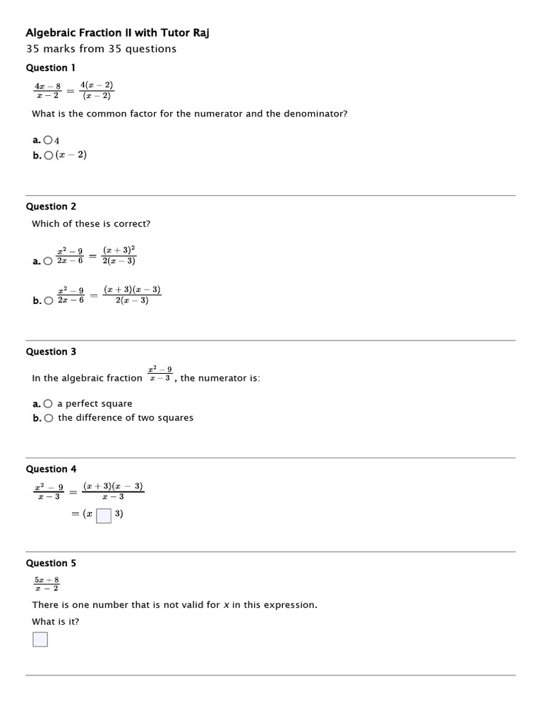 Algebraic Fractions Practice Questions | PDF | Factorization ...