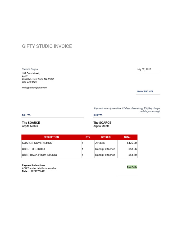 The Soarce - July Cover Shoot Invoice | PDF