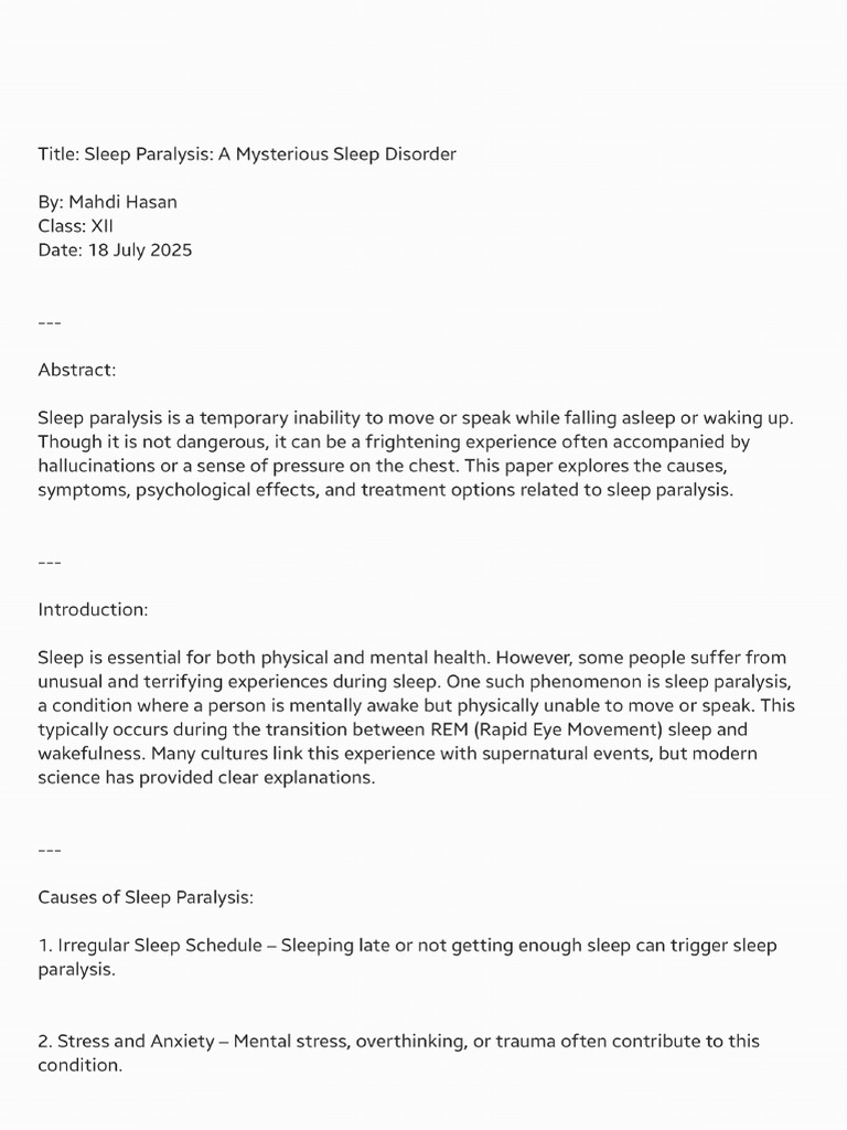 Report About Sleep Paralysis | PDF