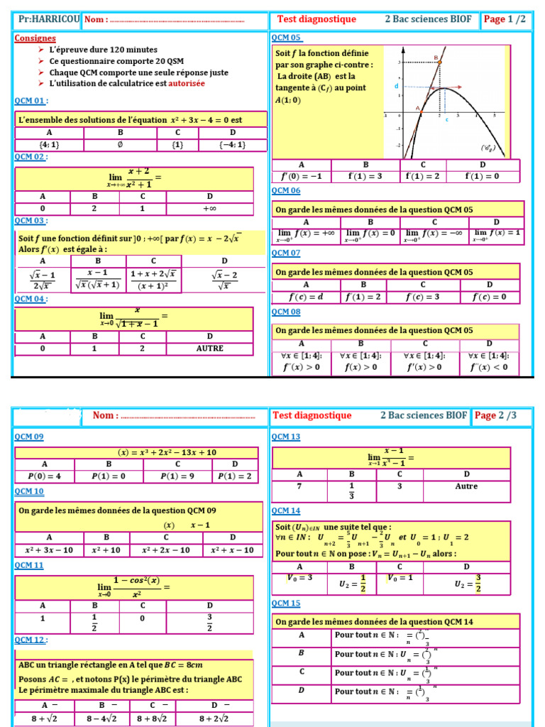Test diagnostique Bac sciences BIOF | PDF | Choix multiple | Tests ...