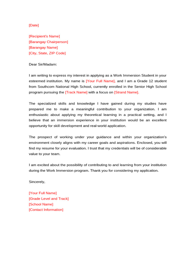 Work Immersion Application Letter | PDF