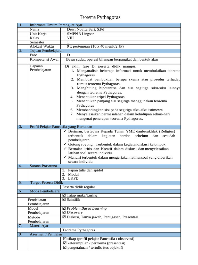 Modul Ajar Matematika - Teorema Pythagoras - Fase D - DeWwxBOJ91 | PDF