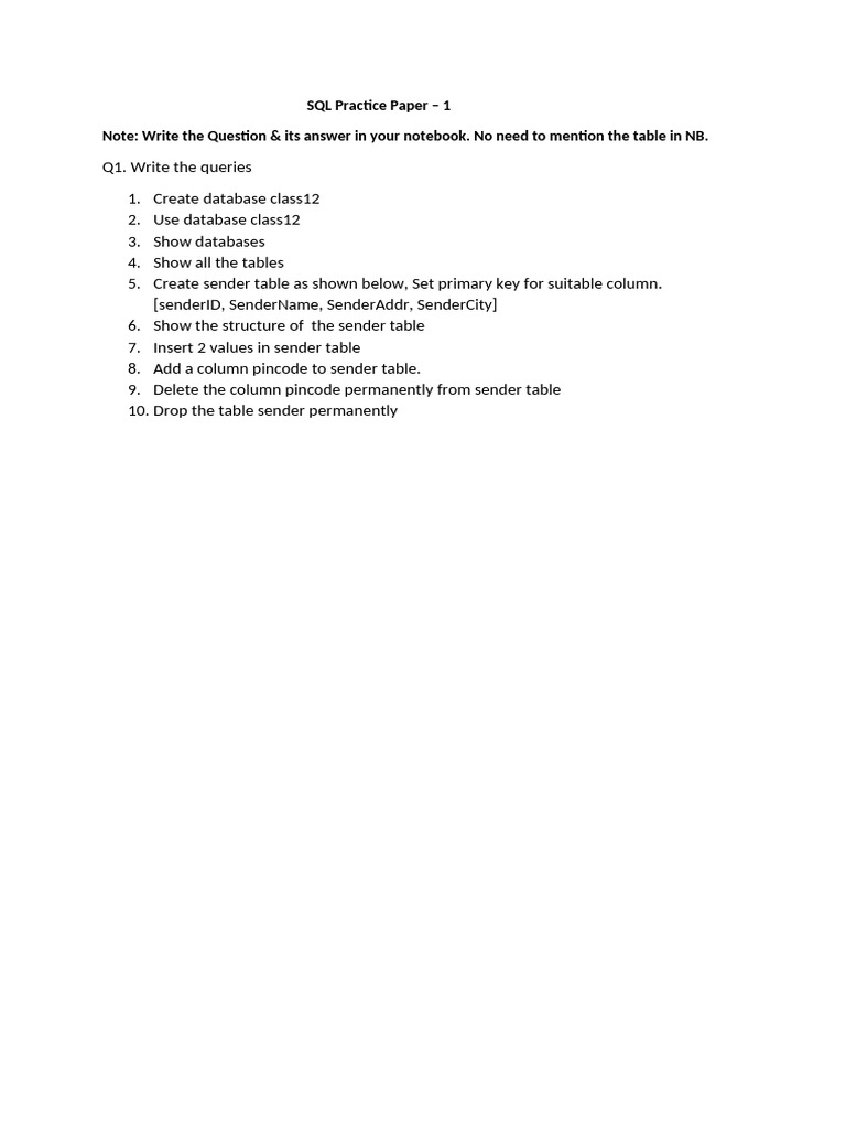 XII SQL Practice Sheet-1 | PDF