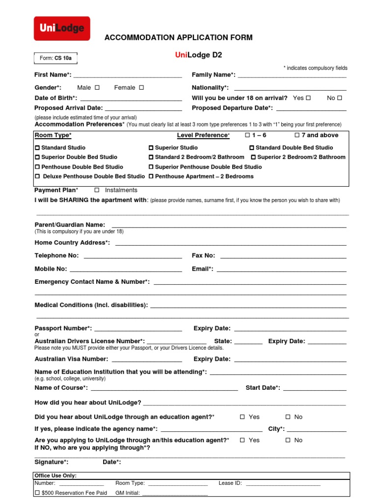 Accommodation Application Form Lodge D2: 1 - 6 7 and Above | PDF