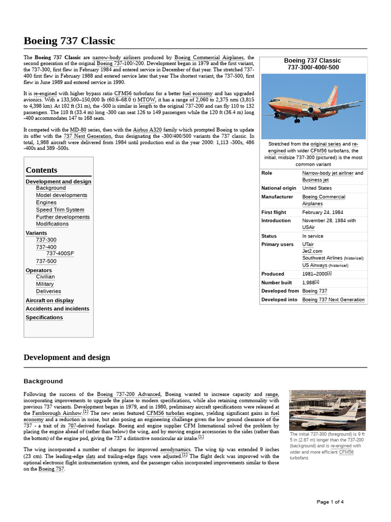 Boeing 737 Classic WIKI Handout | PDF | Aviation | Aircraft