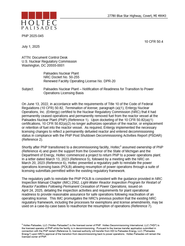 Palisades Nuclear Plant - Notification of Readiness For Transition To ...