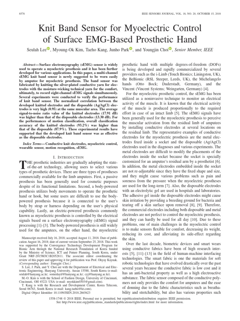 Knit Band Sensor For Myoelectric Control of Surface EMG-Based ...