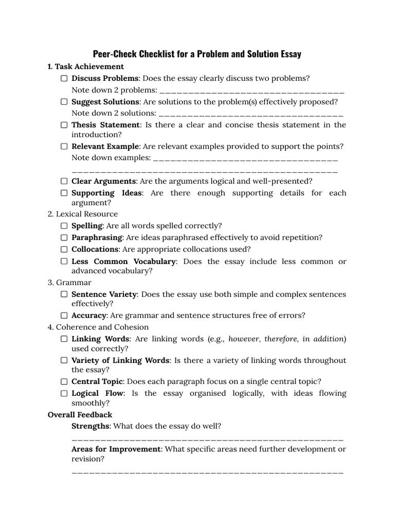 Problem-Solution Essay Peer Checklist | PDF