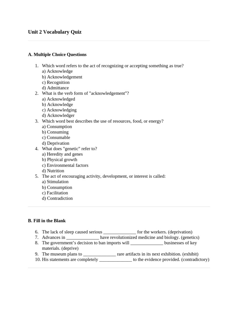 Unit 2 Vocabulary Quiz Answers | PDF