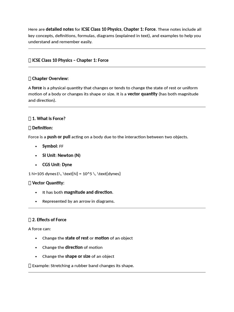ICSE Class 10 Physics: Force Notes | PDF | Force | Weight