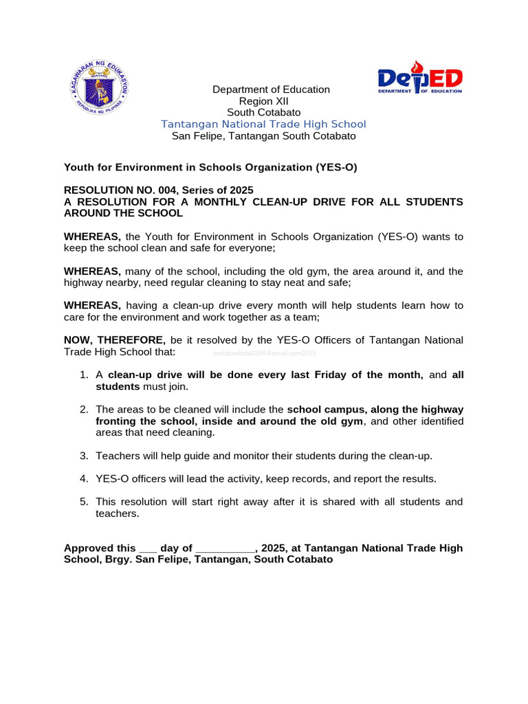 Monthly Student Clean-Up Drive Resolution | PDF