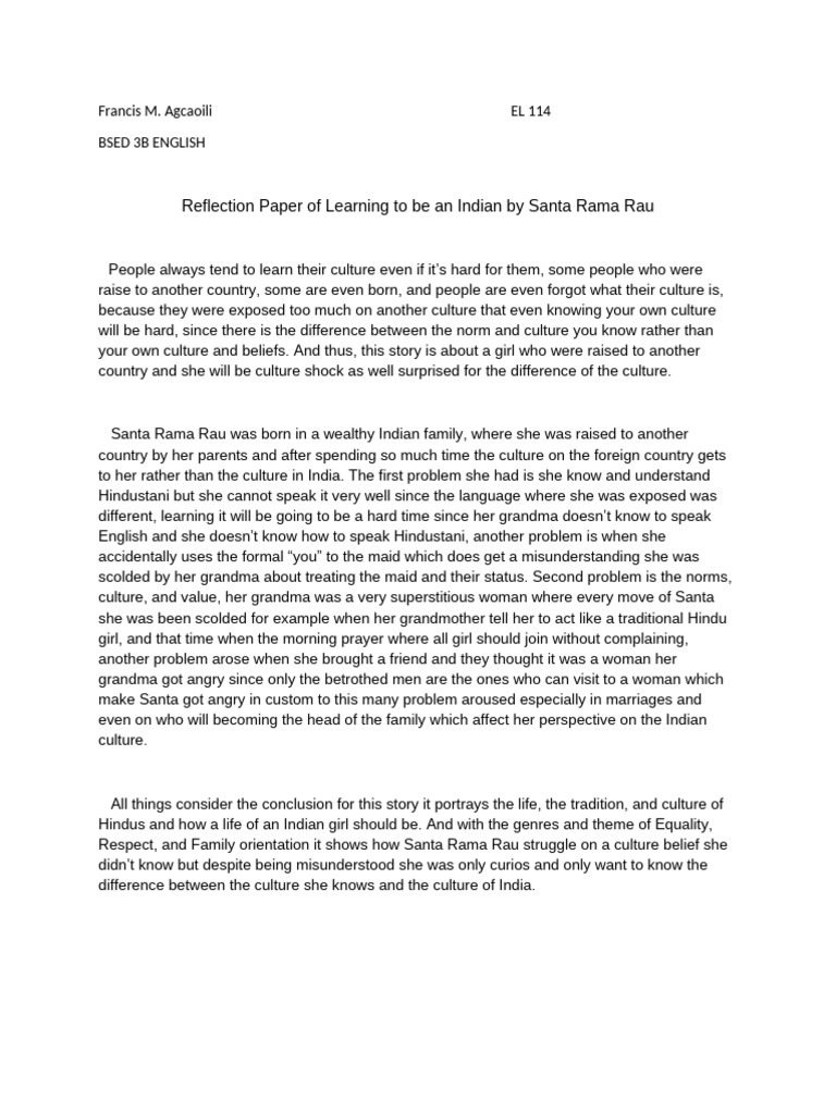 Reflection Paper of Learning To Be An Indian by Santa Rama Rau | PDF