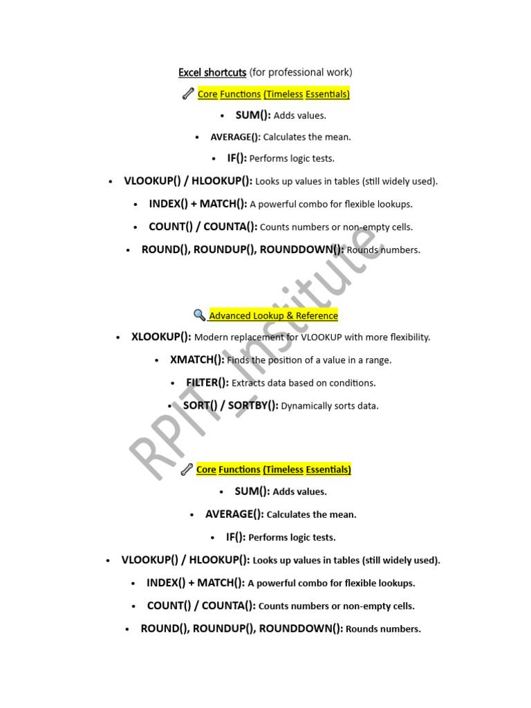 Excel Shortcuts 03abc New | PDF | Data Management | Information Science