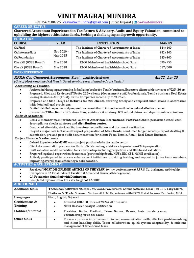 Chartered Accountant Resume: Vinit Mundra | PDF | Taxes | Economies