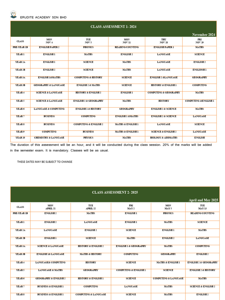 Class Assessment Timetable 2024-25 | PDF | Educational Stages | Science