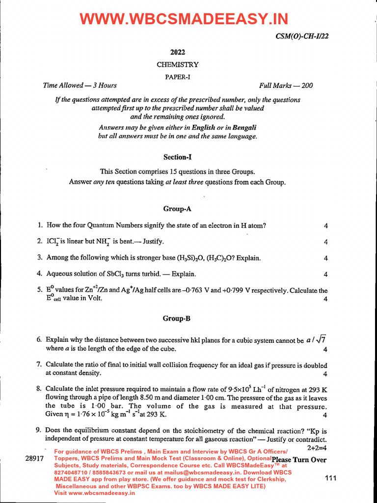 WBCS Main Exam 2022 Optional Subject Chemistry Question Paper 1 | PDF
