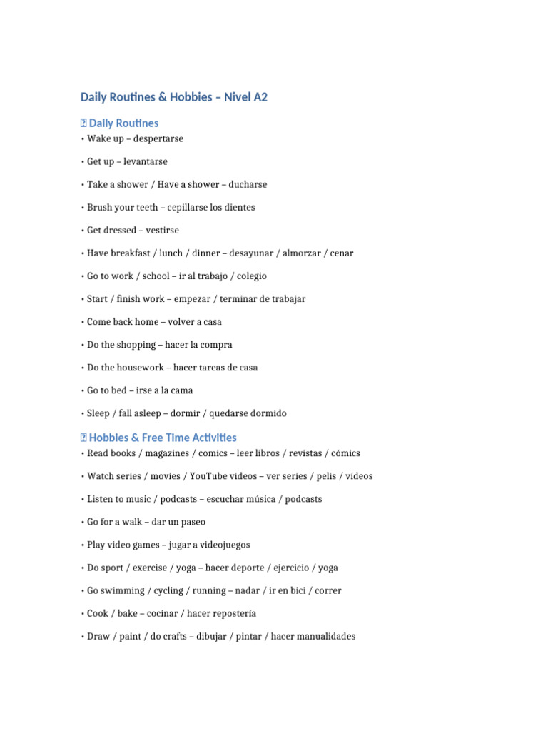 Vocabulario A2 Routines Hobbies | PDF