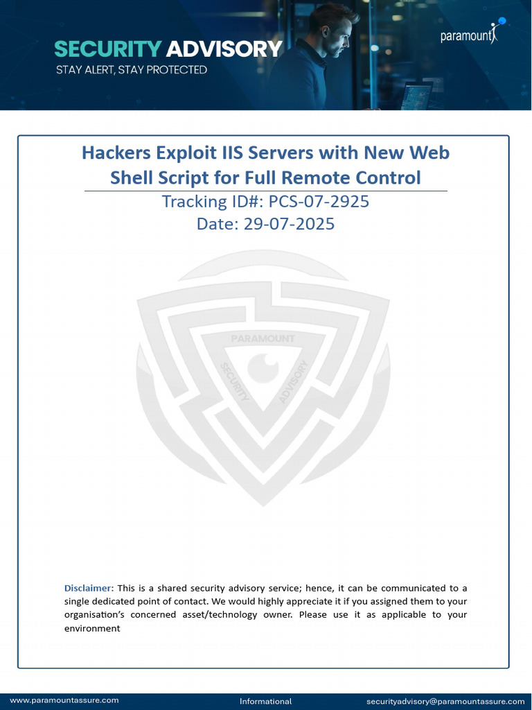 Hackers Exploit IIS Servers With New Web Shell Script For Full Remote Control - PCS-07-2925 ...