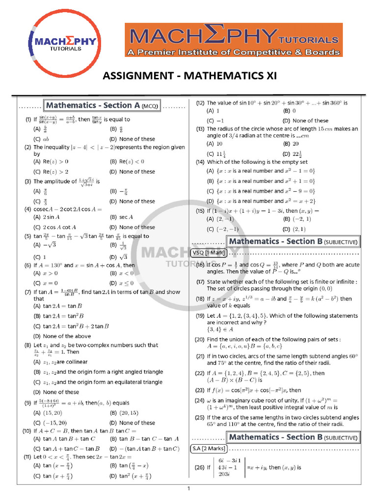 Diwali Assignment Mathematics - Xi | PDF
