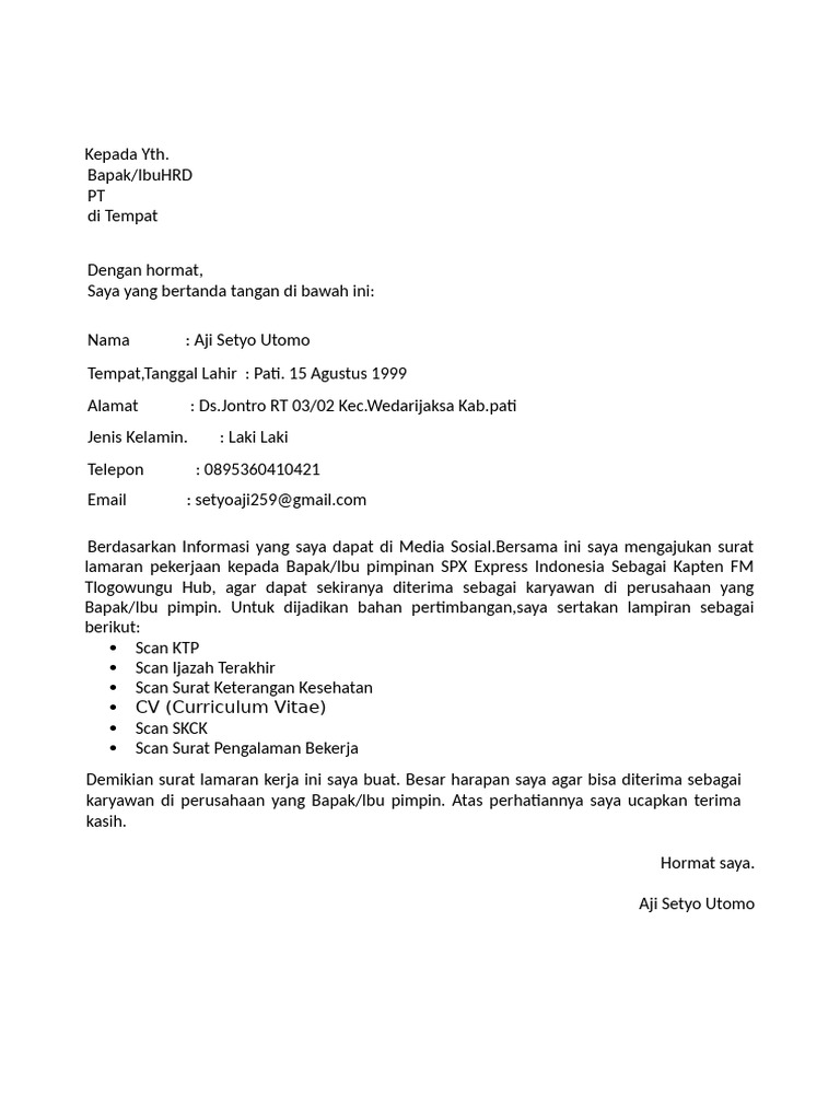 Surat Lamaran Pekerjaan Aji Setyo Utomo | PDF