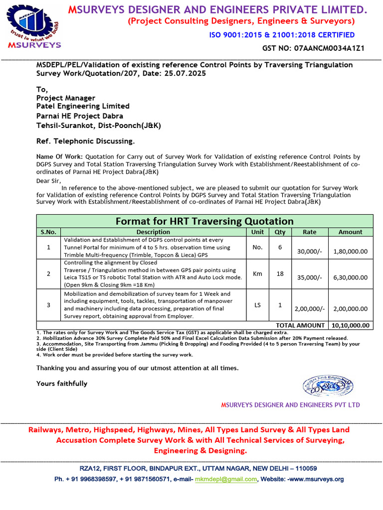 Survey Quotation for Parnai HE Project | PDF