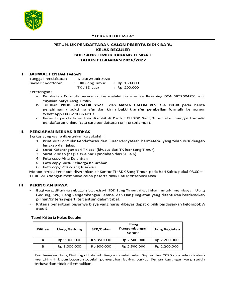 Petunjuk PPDB SDK Sang Timur 2026/2027 | PDF