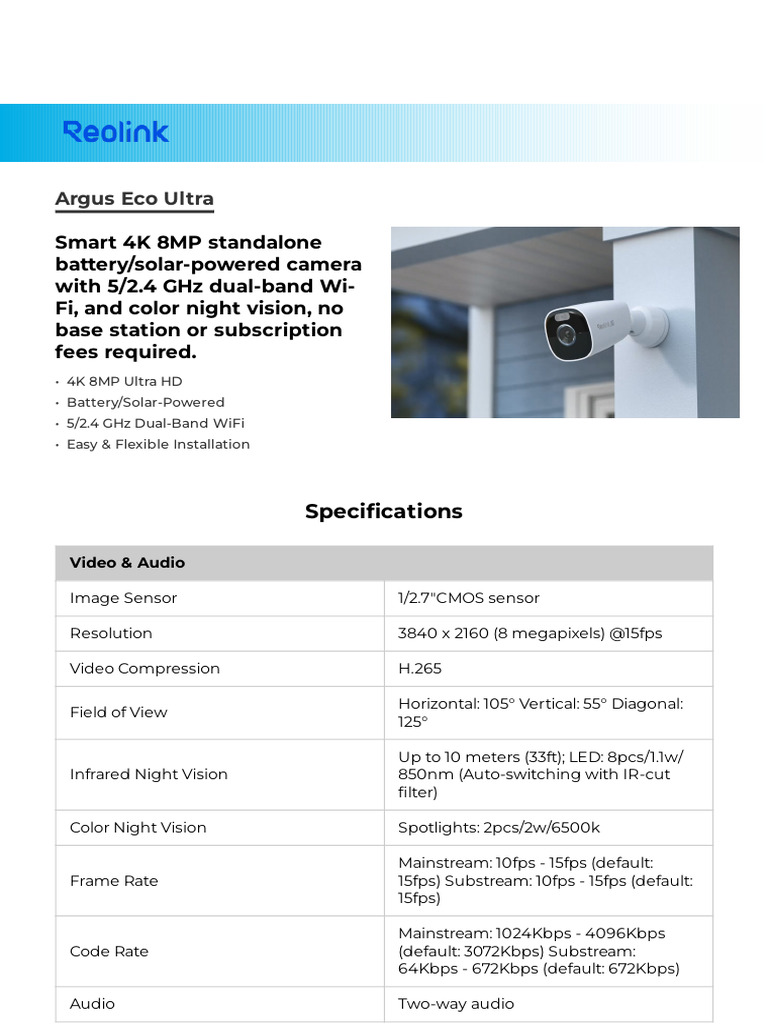 Reolink Argus Eco Ultra Specifications | PDF | Wi Fi | Ieee 802.11