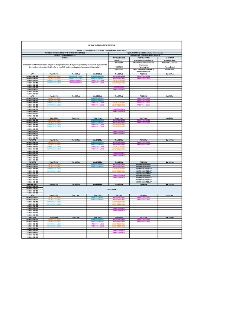 BCom Full-Time Student Timetable | PDF