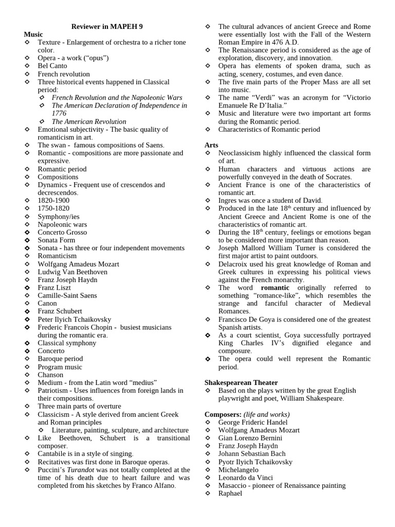 Key Notes To Review in Mapeh 9 | PDF | Romanticism | Romantic Music