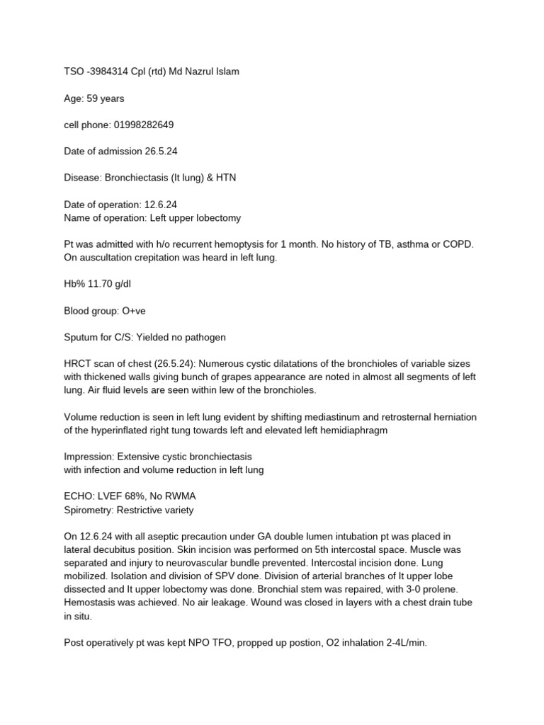 Left Upper Lobectomy for Bronchiectasis | PDF