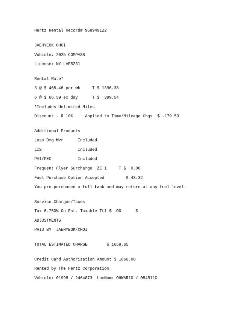 Hertz Rental Record Summary | PDF