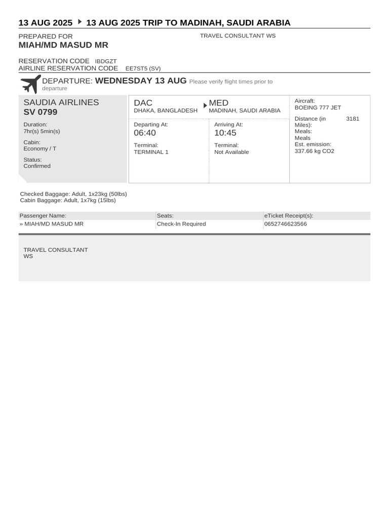 Travel Reservation August 13 For MR MD MASUD MIAH | PDF