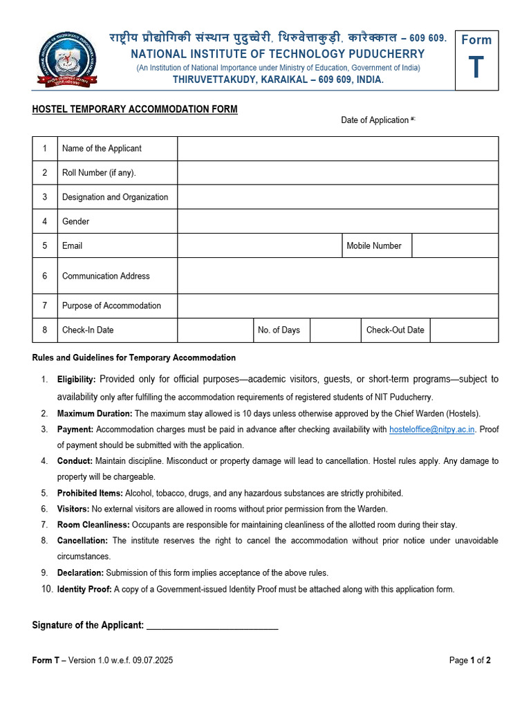Form T - Hostel Temporary Accomodation Form | PDF