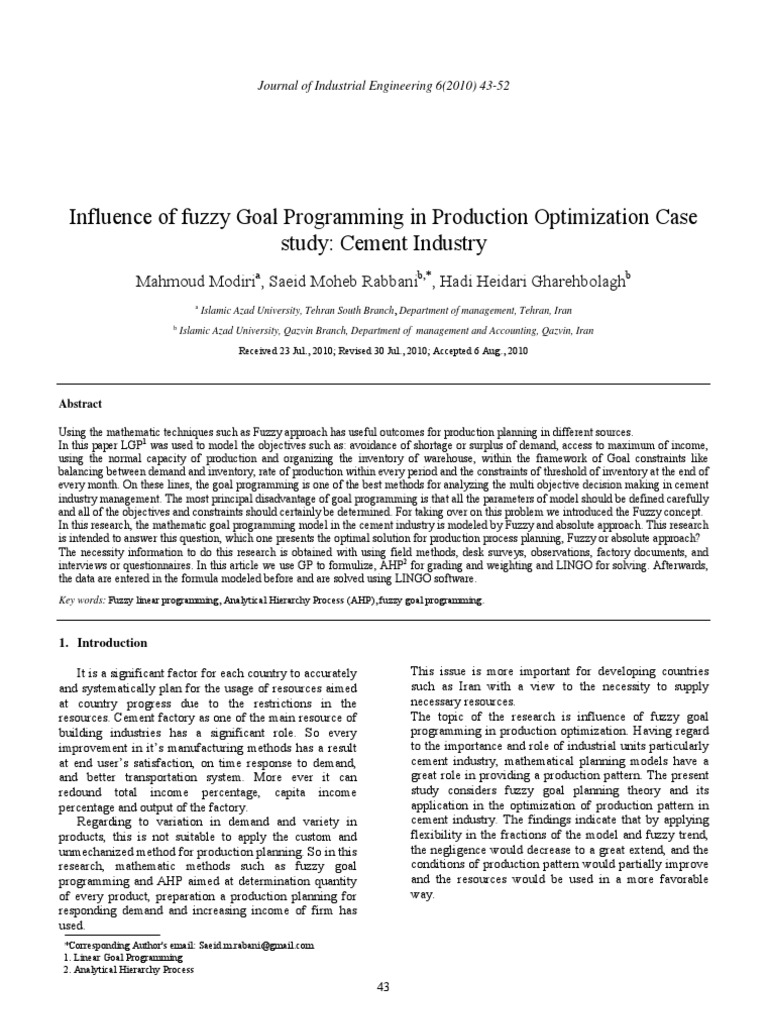 Influence of Fuzzy Goal Programming in Production Optimization Case Study: Cement Industry ...