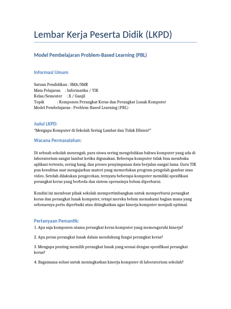 LKPD PBL Komponen Komputer | PDF