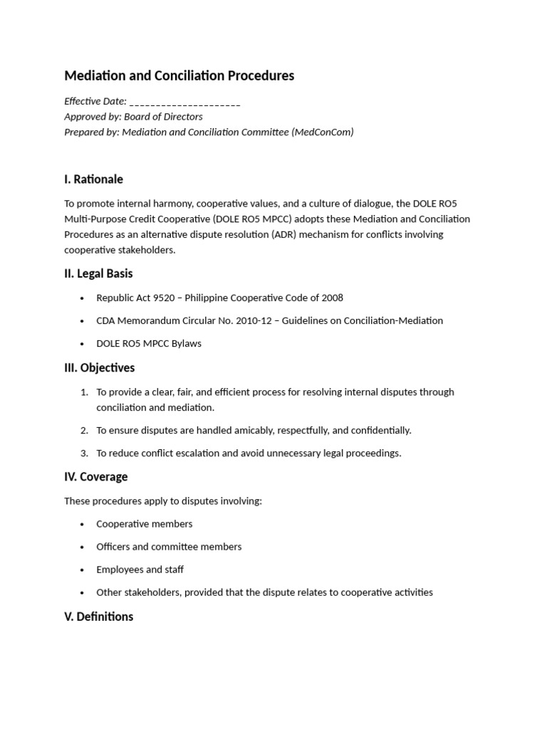 Sample Mediation and Conciliation Procedures | PDF | Mediation | Alternative Dispute Resolution