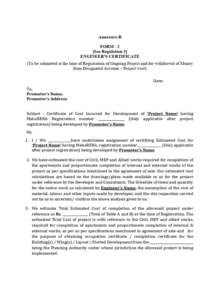 Form 2 Engineer Certificate | PDF | Cost