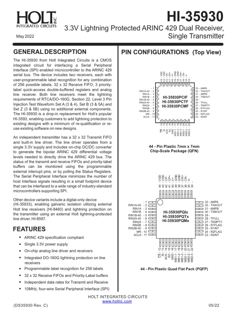 3.3V Lightning Protected ARINC 429 Dual Receiver, Single Transmitter ...