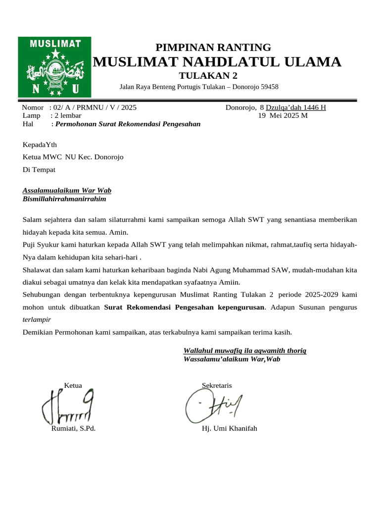 Permohonan Rekomendasi Pengurus Dari MWC | PDF