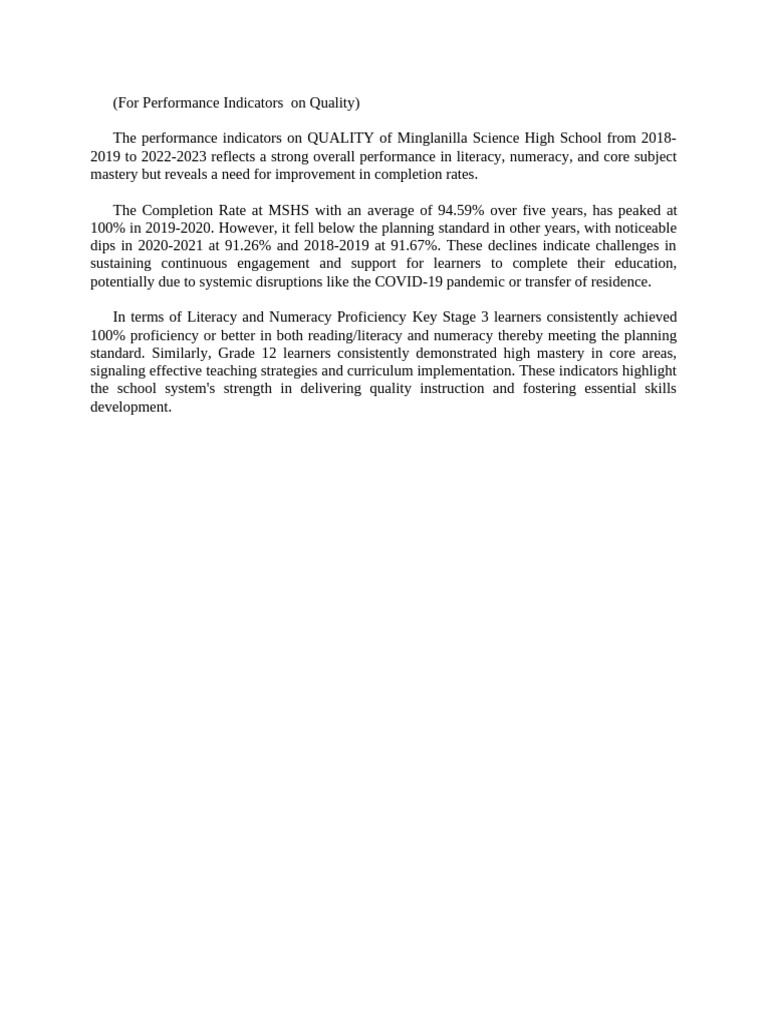 Minglanilla Science High School Quality Indicators | PDF