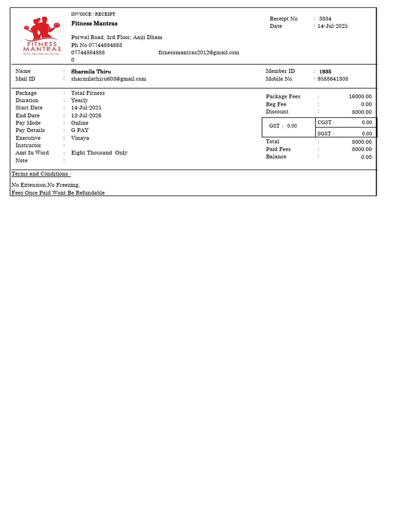 Fitness Mantras Invoice Receipt 2025 | PDF