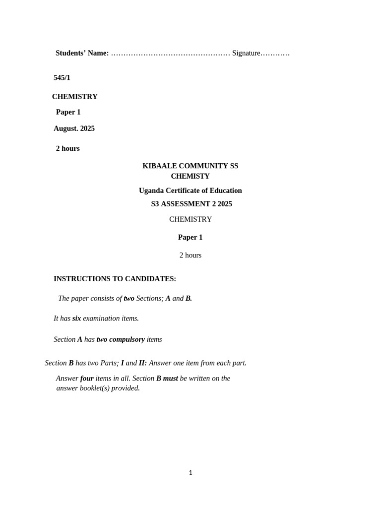 S3 Chemistry Exam Paper 1 2025 | PDF | Atoms | Proton