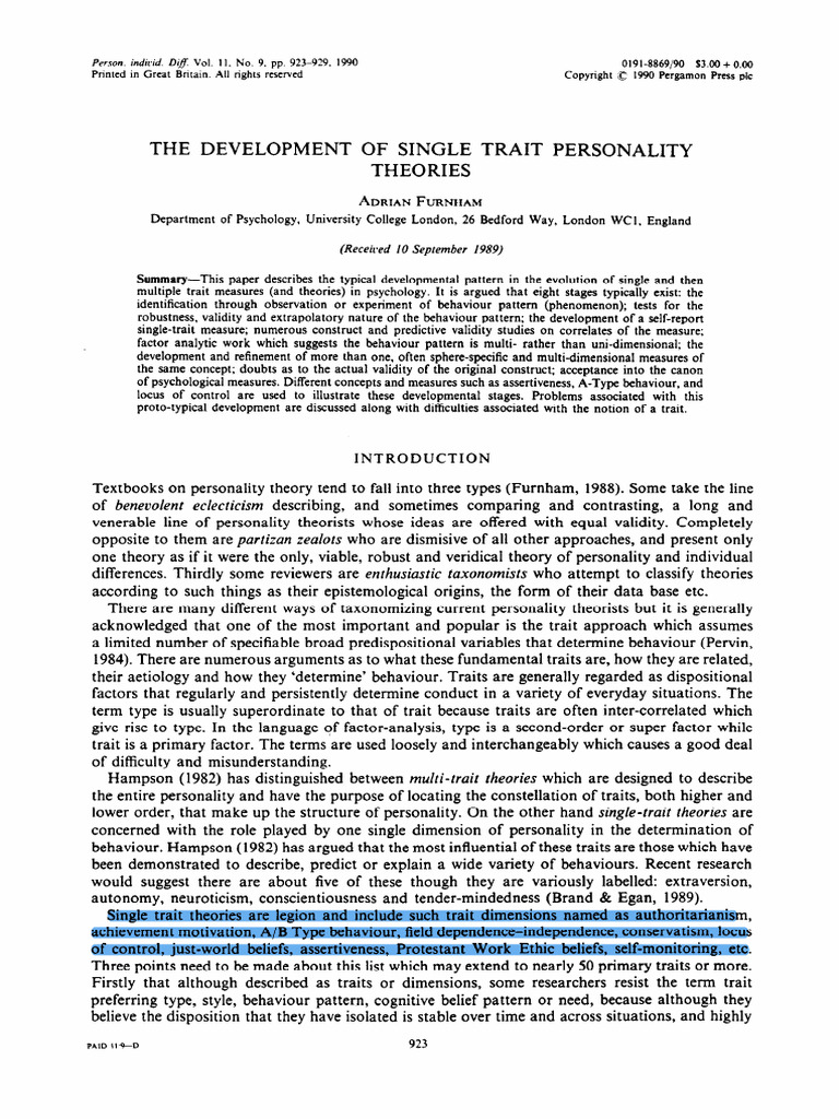 The Development of Single Trait Personality Theories | PDF | Self ...
