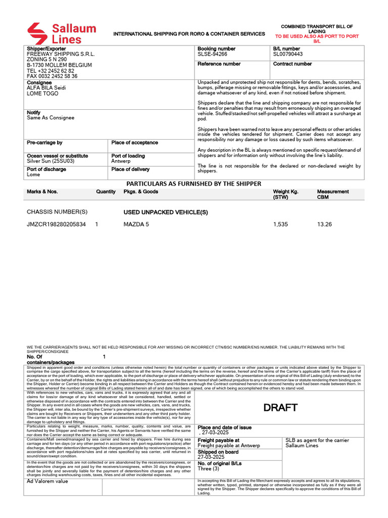 Freeway Shipping SRL Sl00790443 Draft | PDF | Bill Of Lading | Cargo