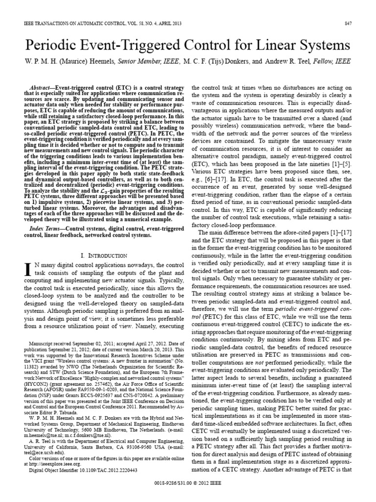 Periodic Event-Triggered Control For Linear Systems | PDF | Matrix (Mathematics) | Stability Theory