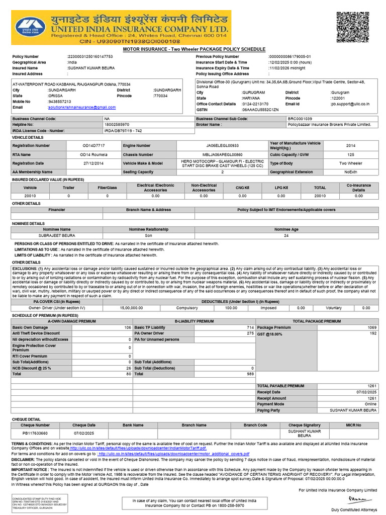 Motor Insurance - Two Wheeler Package Policy Schedule | PDF | Insurance ...