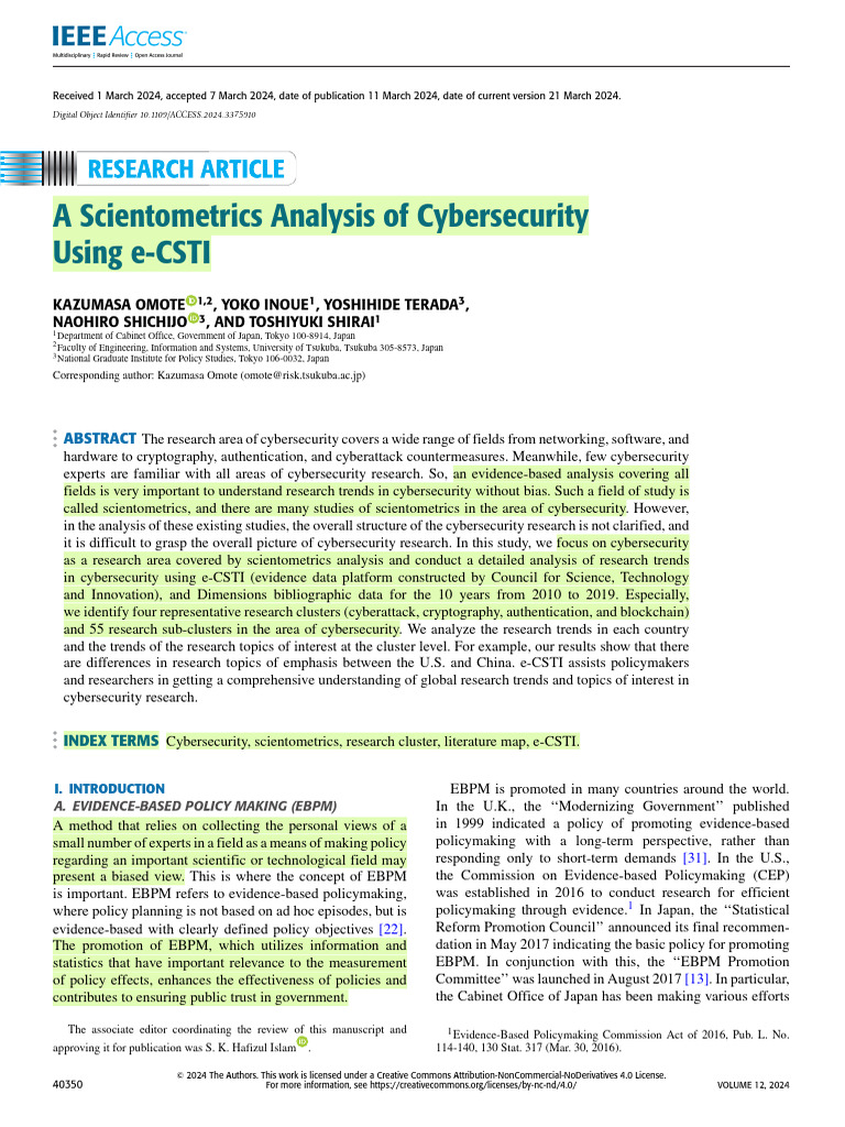 A Scientometrics Analysis of Cybersecurity Using E-CSTI | PDF | Computer Security | Security