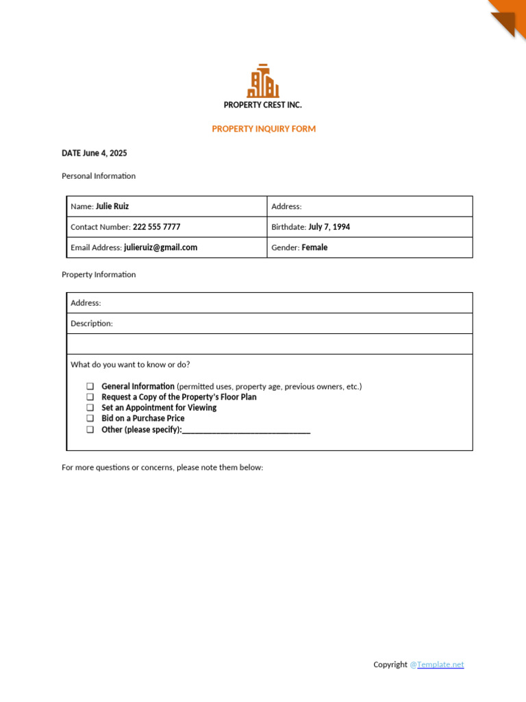 Sample Property Inquiry Form | PDF