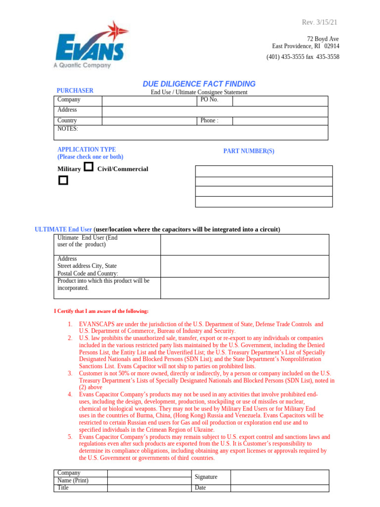 End Use Certification for Evans Capacitors | PDF | Office Of Foreign ...